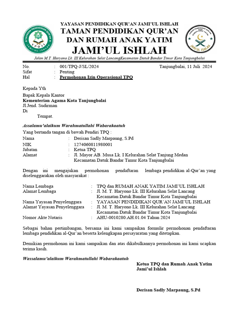 Surat Permohonan TPQ | PDF