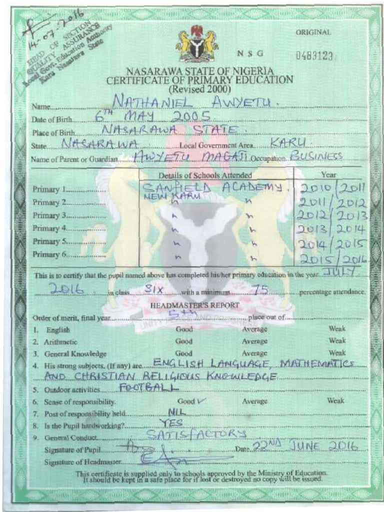 Primary School Certificate | PDF