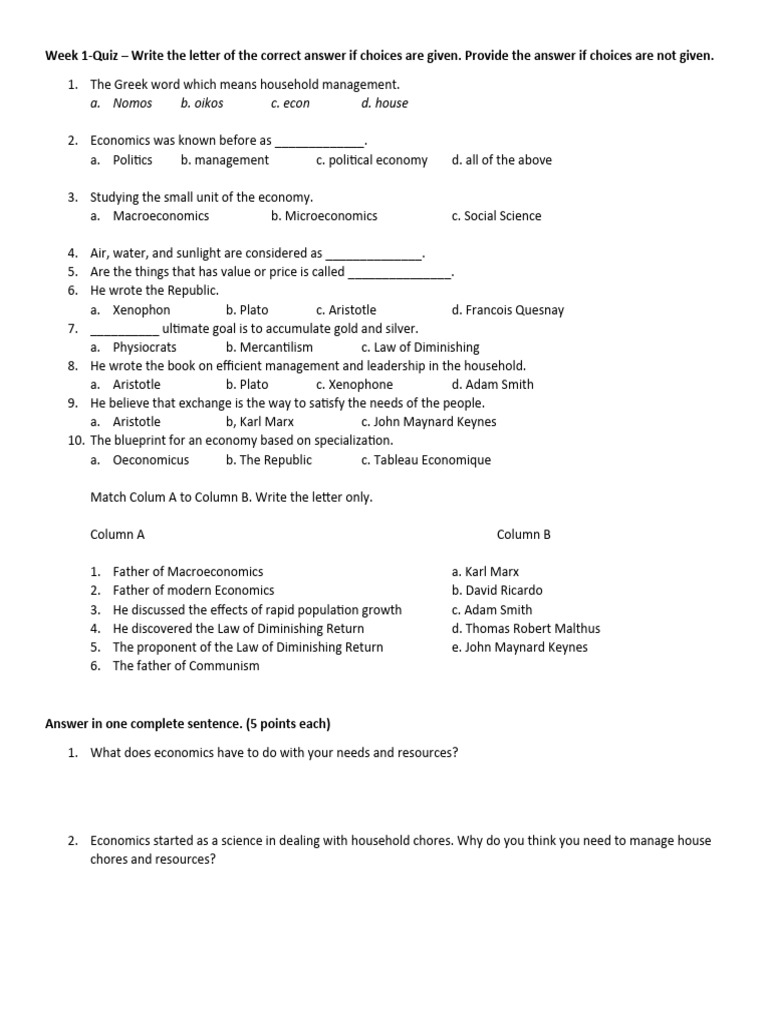 Week 1 Economics Quiz and Answers | PDF