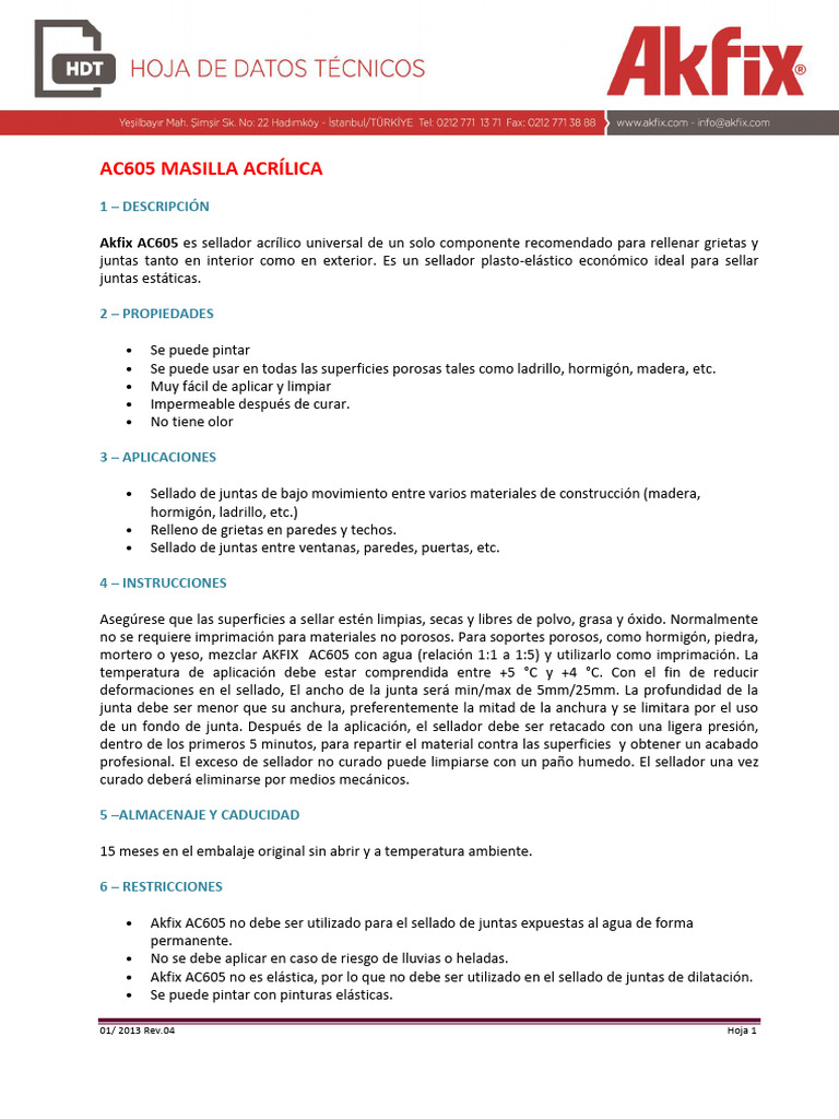 AC605-ACRYLIC-SEALANT-HDT-ESP Akfix | PDF | Hormigón | Ingeniería de ...