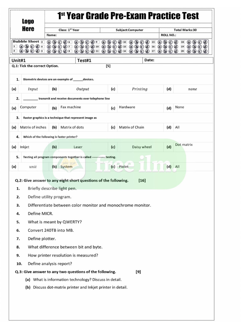 11th Computer Test Paper 1 | PDF