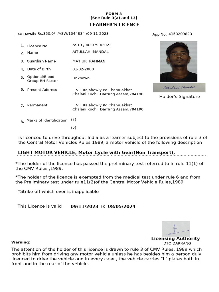 Learner'S Licence: Form 3 (See Rule 3 (A) and 13) | PDF