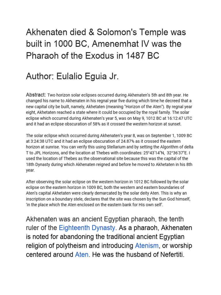 Akhenaten Died & Solomon's Temple Was Built in 1000 BC, Amenemhat IV ...
