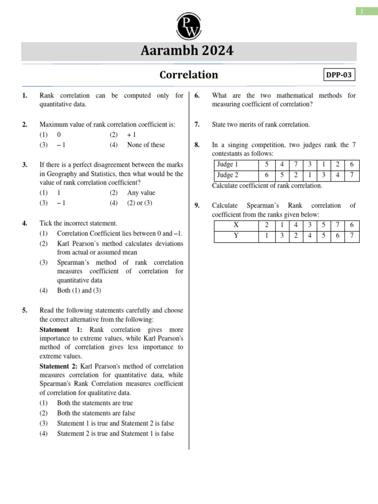 Correlation - DPP 03 - (Aarambh 2024) | PDF | Applied Mathematics | Statistical Theory