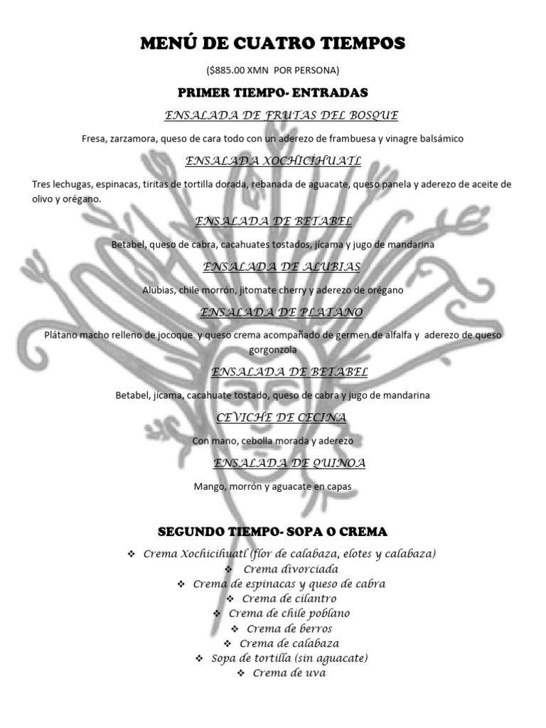 Menú 4 Tiempos $885.00 | PDF | ensalada | Salsa