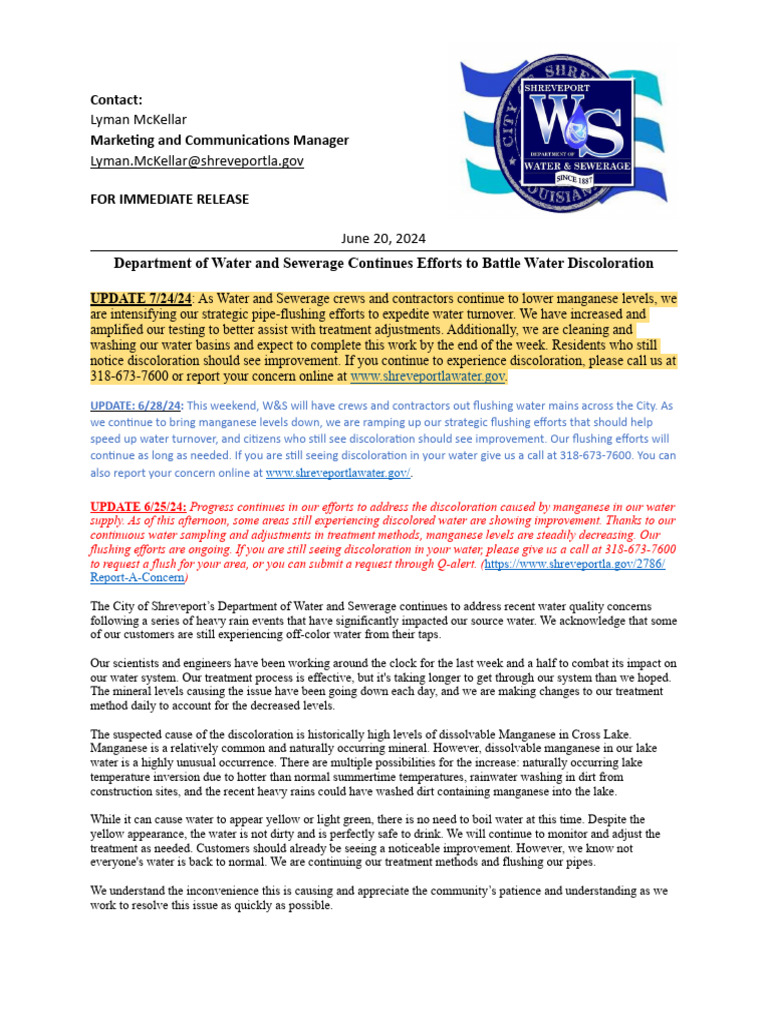 Shreveport Dept. of Water & Sewerage discoloration updates | PDF ...