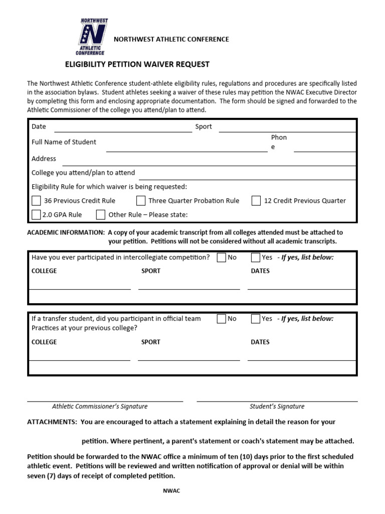 NWAC Eligibility Waiver Request Form | PDF | Career & Growth | Finance ...