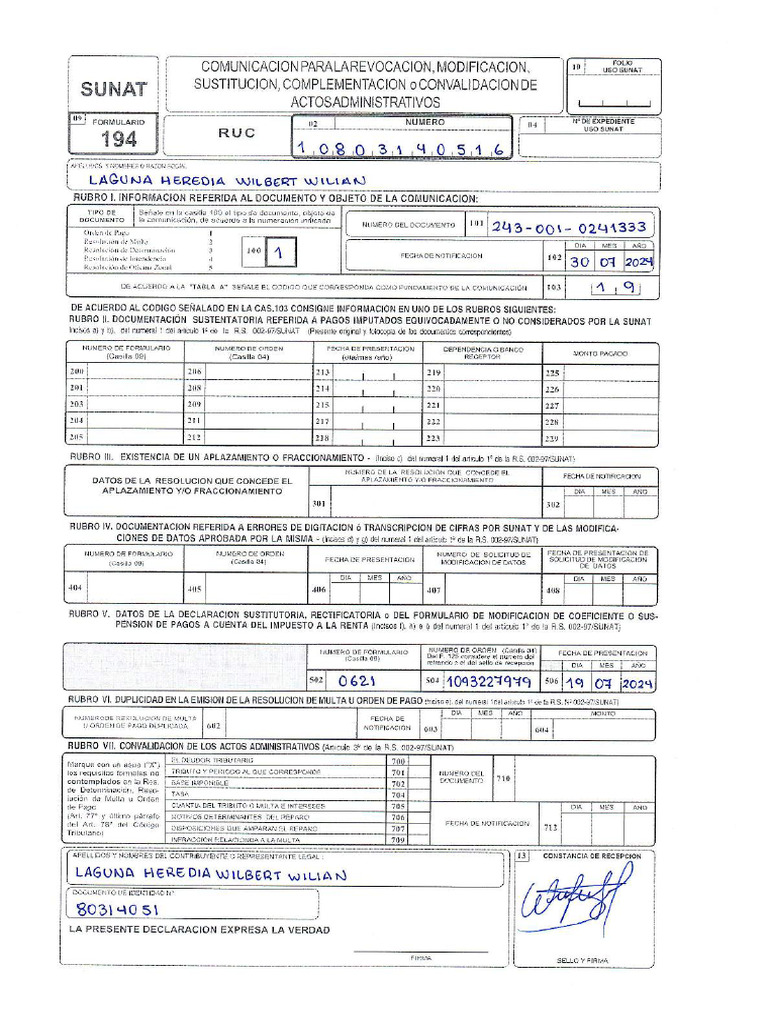 Escrito Formulario 194 Sunat | PDF | Impuestos | Finanzas del gobierno