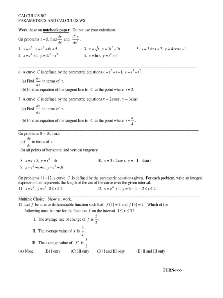 1 Parametrics and Calculus WS (With Answers) | PDF | Tangent | Space