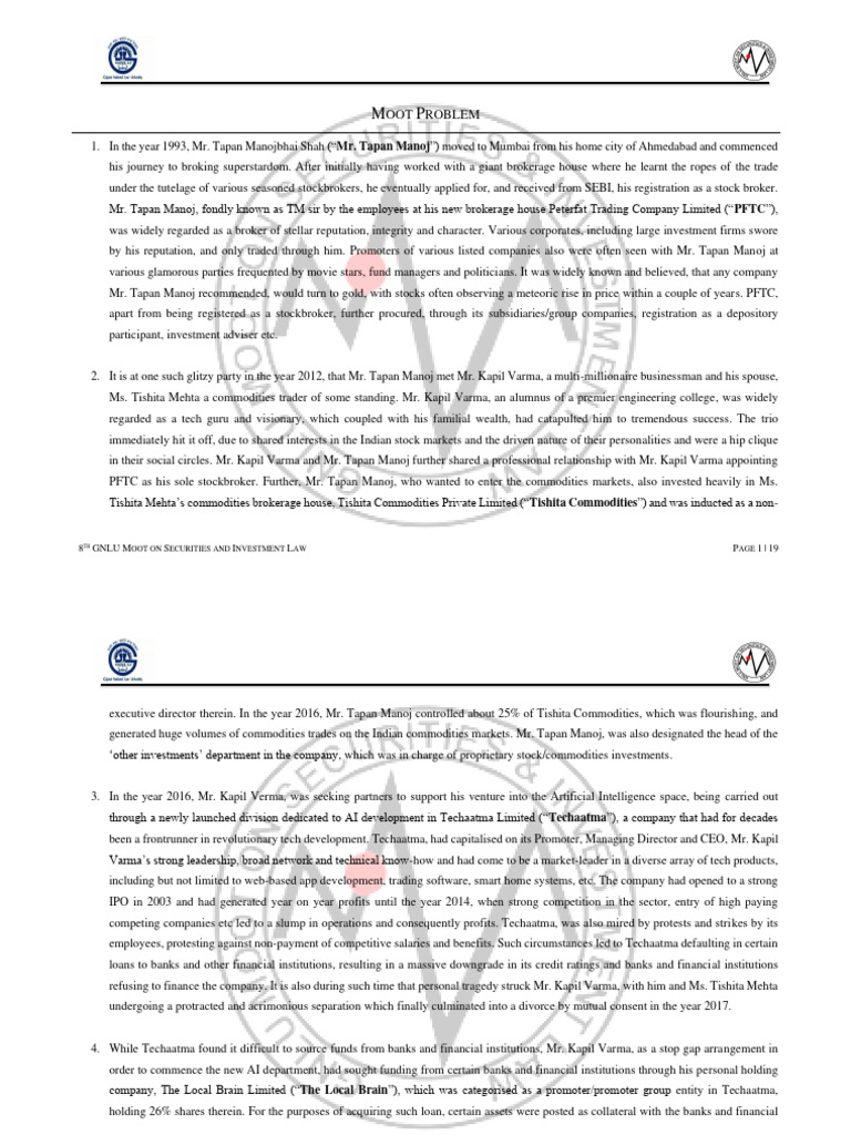 GNLU Moot on Securities Law Case Study | PDF | Mergers And Acquisitions | Stocks