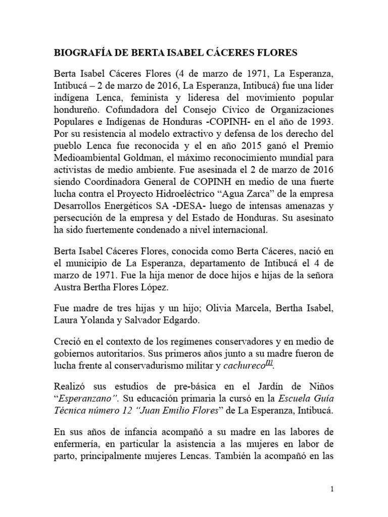 Biografía de Berta Isabel Cáceres Flores | PDF | Honduras