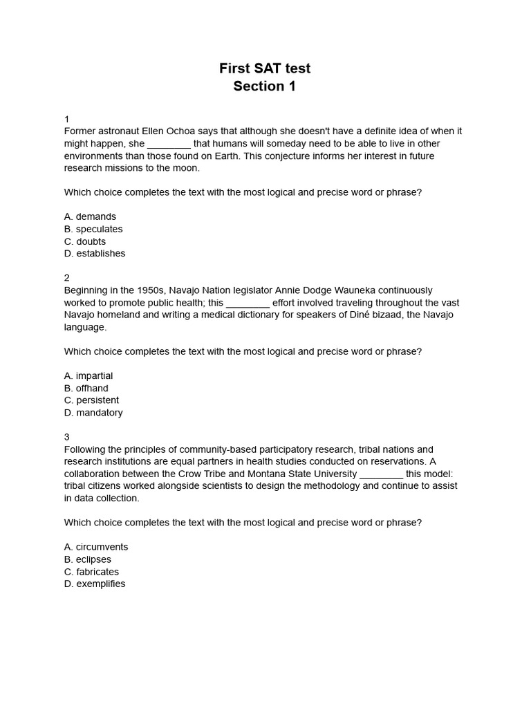 First SAT Test Practice Questions | PDF | Language Arts & Discipline ...
