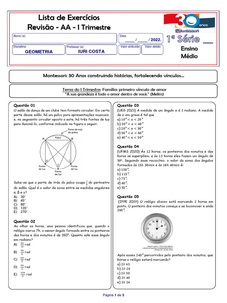 Lista Exercícios de Revisão - 1º Ano - I Trimestre - Geometria - Iuri ...