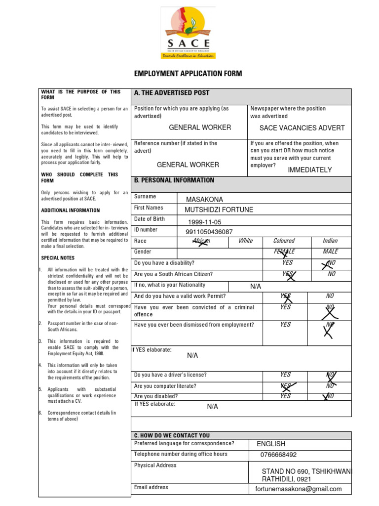 Sace 24432-2022-11-08-SACE Employment Application Form 28 | PDF ...
