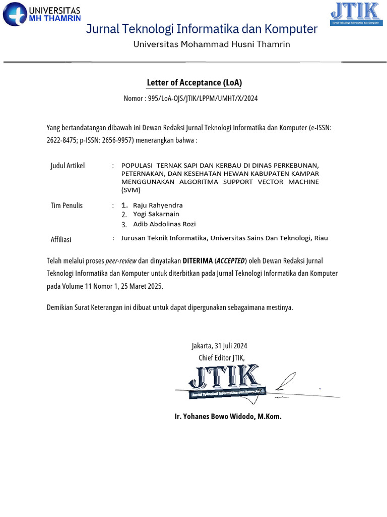 Letter of Acceptance (LoA) Jurnal Universitas Sains Dan Teknologi ...