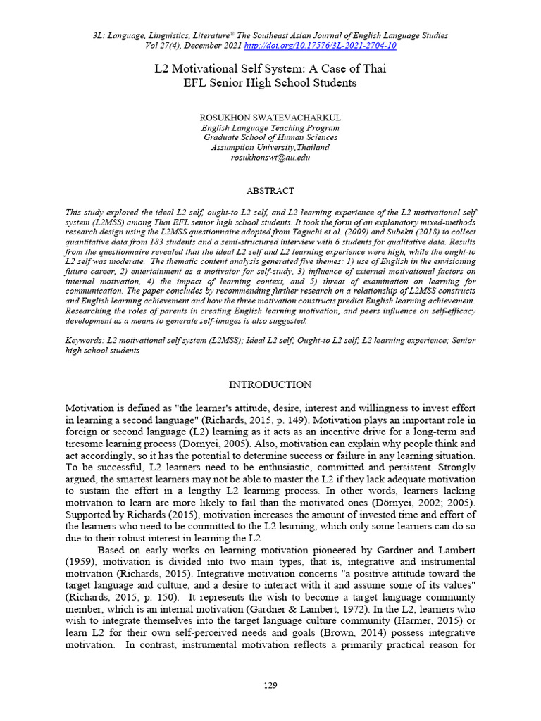 3L - L2 Motivational Self System: A Case of Thai EFL Senior High School ...