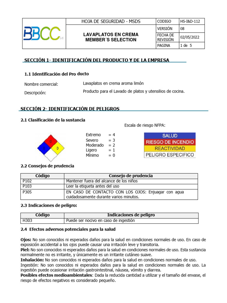 Hs-I&d-112 Hoja de Seguridad Crema Lavaloza MS - Ceam V8 | PDF | Agua ...