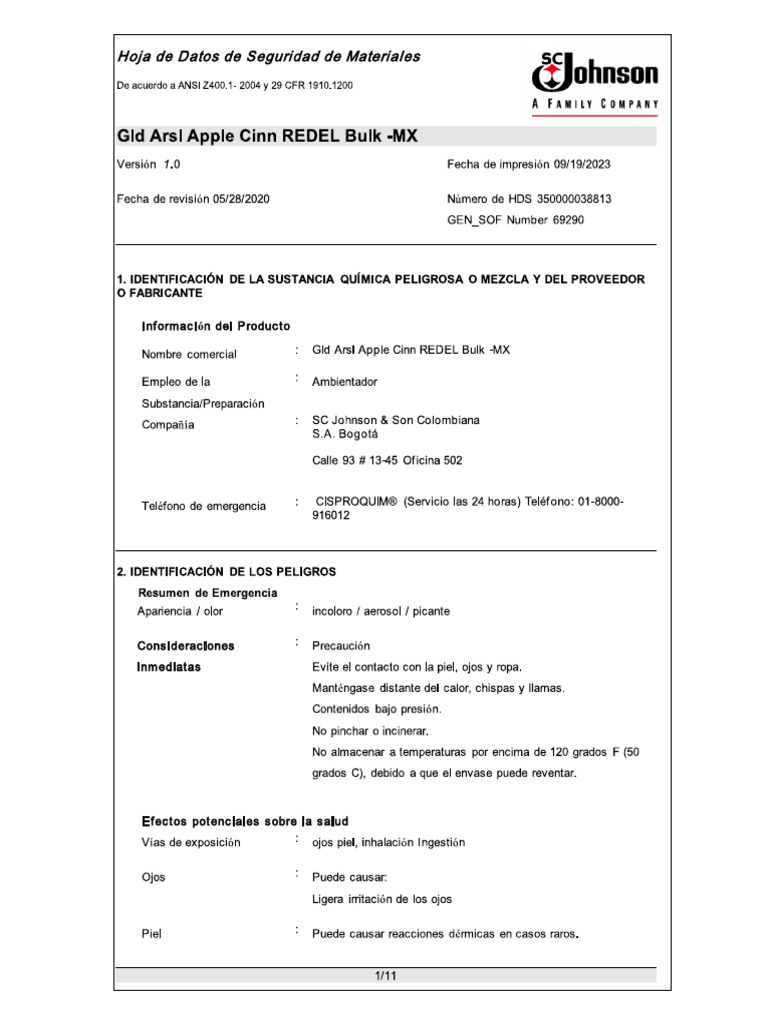 Msds Glade Aerosol Manzana Canela | PDF