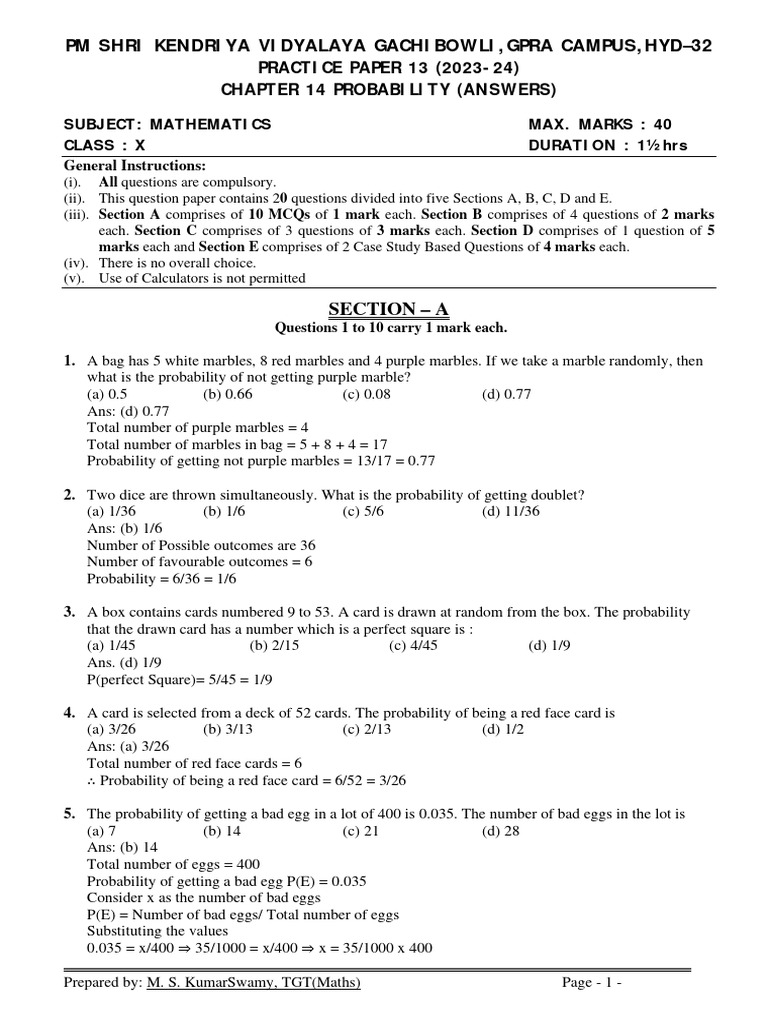 Maths Class X Chapter 14 Probability Practice Paper 13 Answers | PDF ...