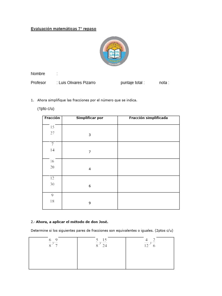 Prueba 7° Ignacia Matemáticas | PDF