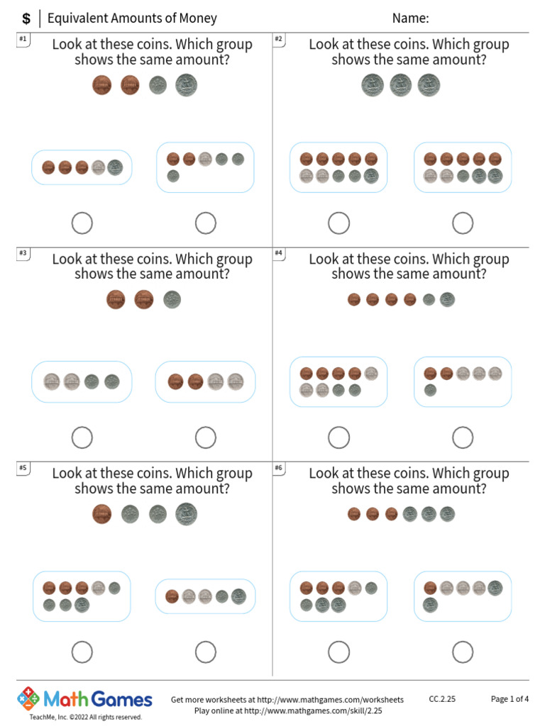 2 25 Equivalent Amounts of Money | PDF | Money | Currency
