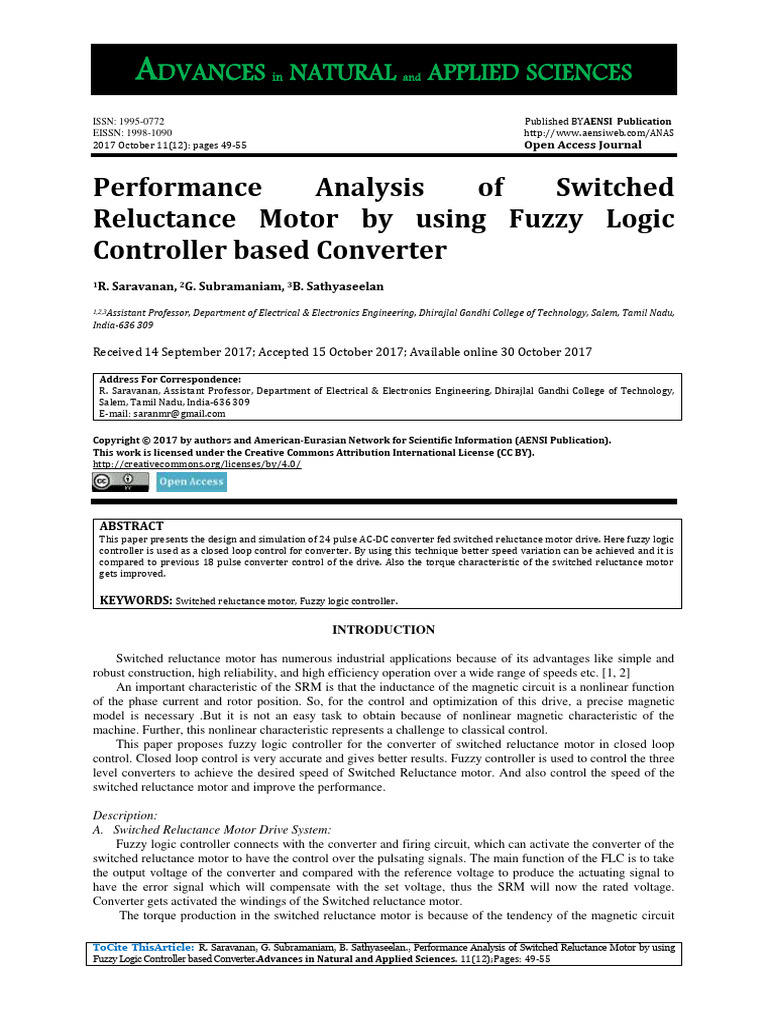 Performance Analysis of Switched Reluctance Motor by Using Fuzzy Logic Controller Based ...