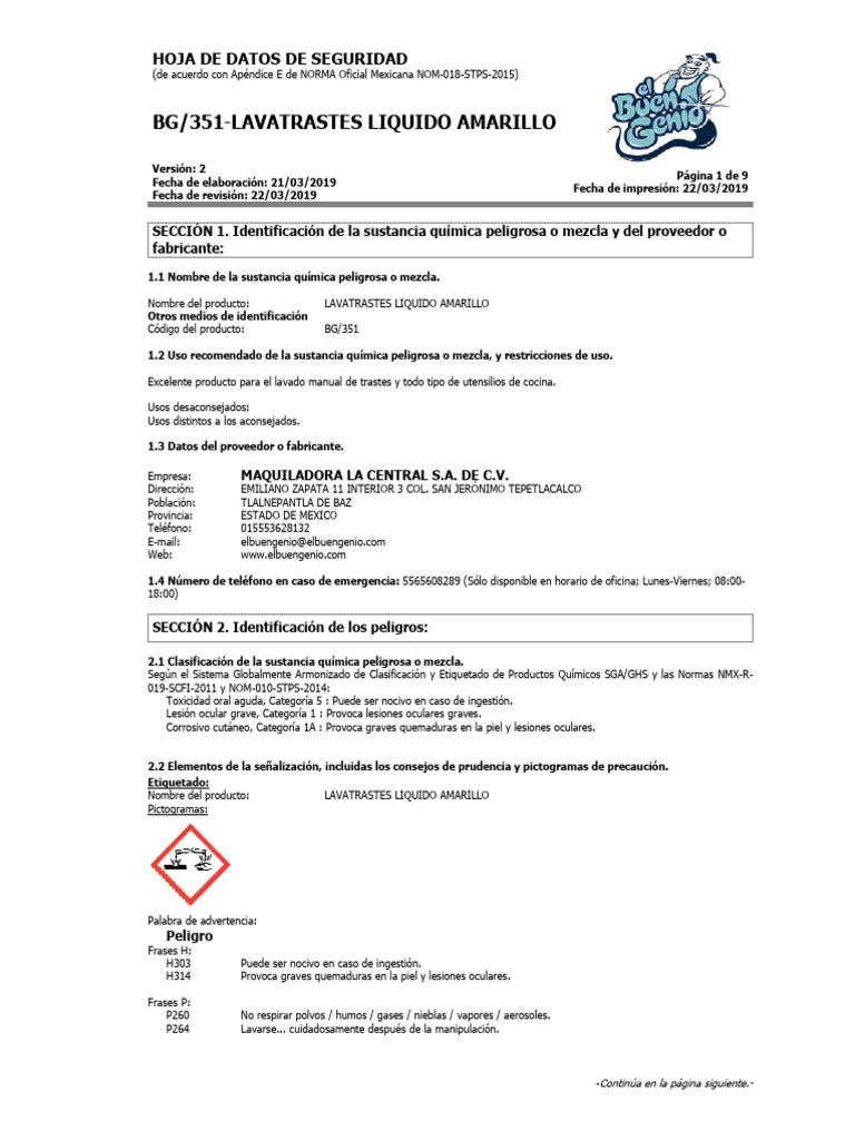 Hoja de Seguridad Lavatrastes BG/351 | PDF | Corrosión | Agua