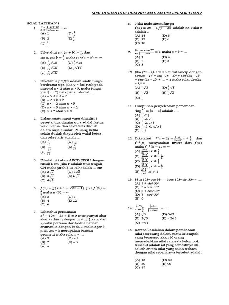 Latihan MTK Ipa Utul Ugm 2017 Seri 1 Dan 2 | PDF