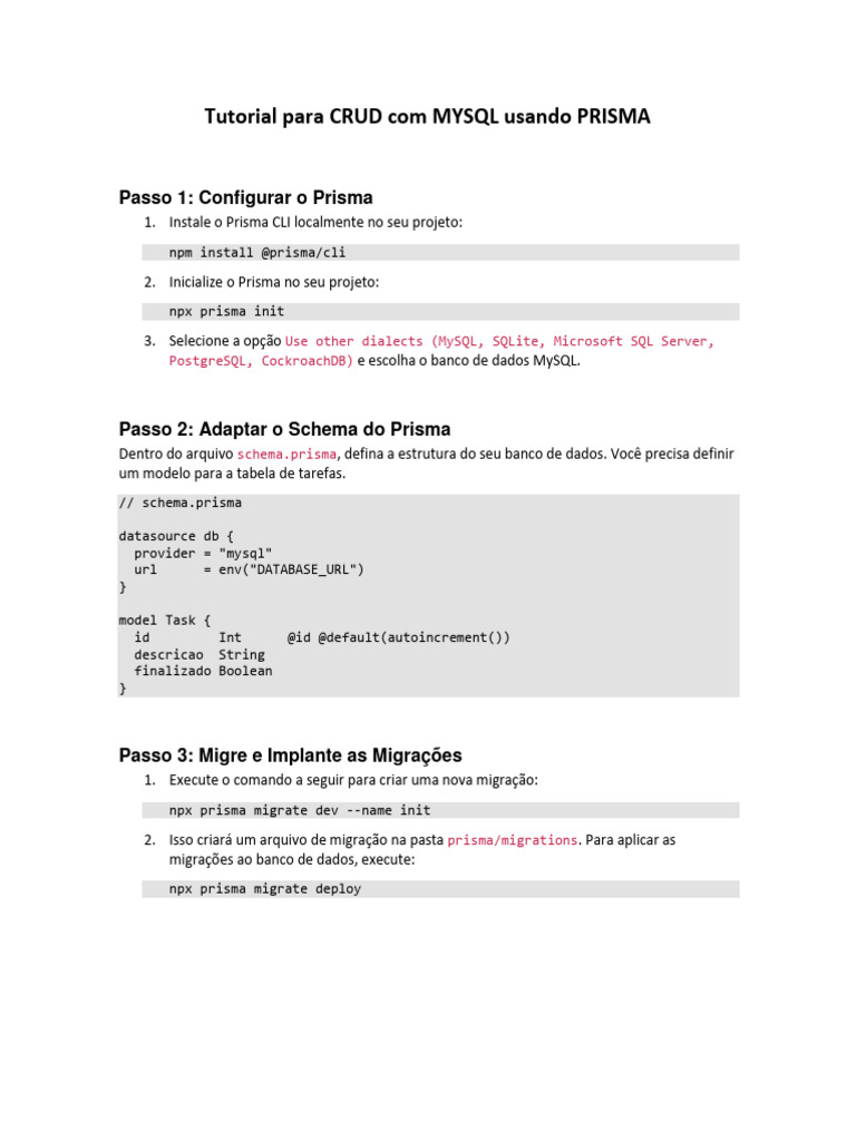 CRUD MySQL com Prisma: Tutorial Completo | PDF | Programas | Informática