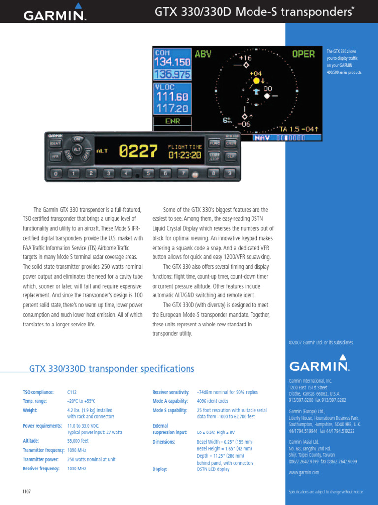 gtx330 Spec | PDF | Transponder (Aeronautics) | Wireless