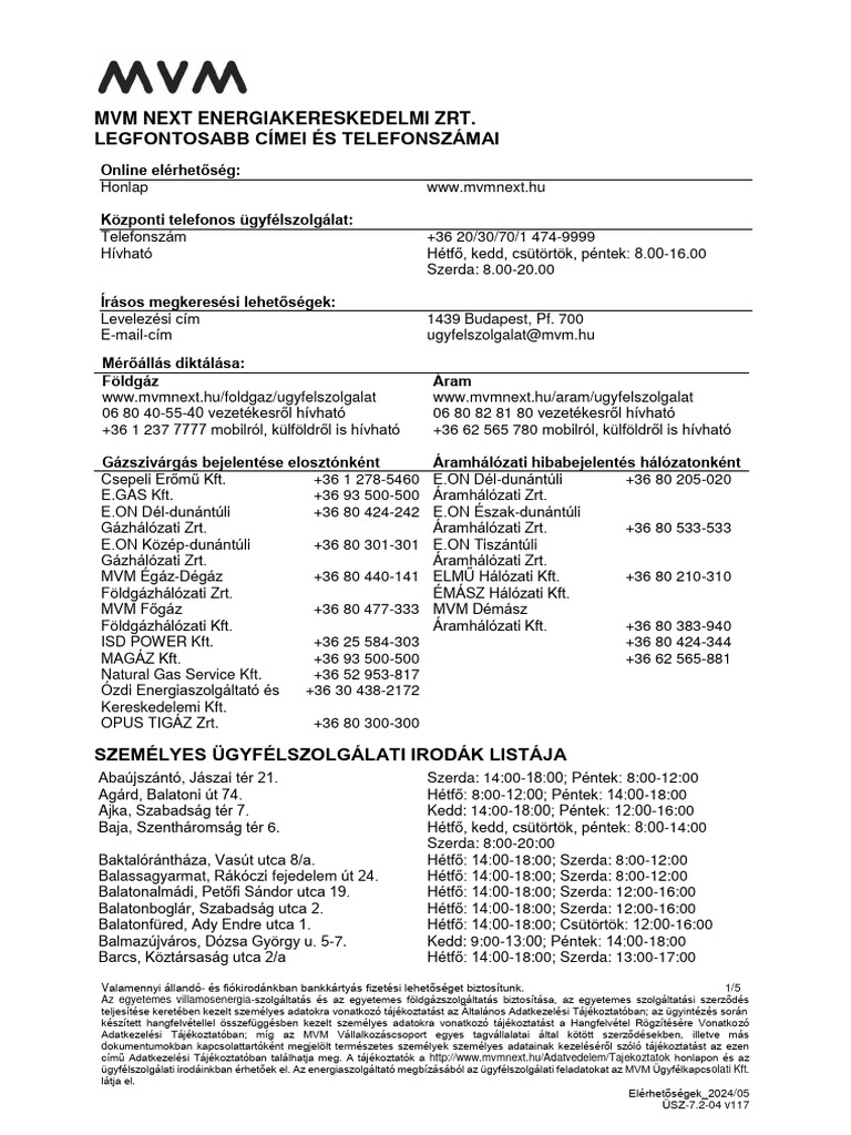 MVM Next Ugyfelszolgalati Irodak | PDF