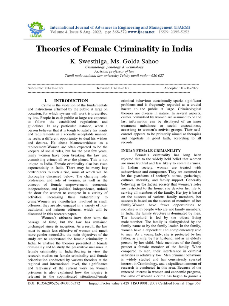 Theories of Female Criminality in India | PDF | Crime & Violence | Crimes