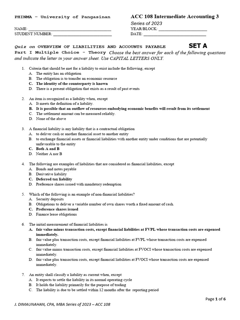 ACC 108 Quiz On Overview of Liabilities and Accounts Payable Answer Key ...