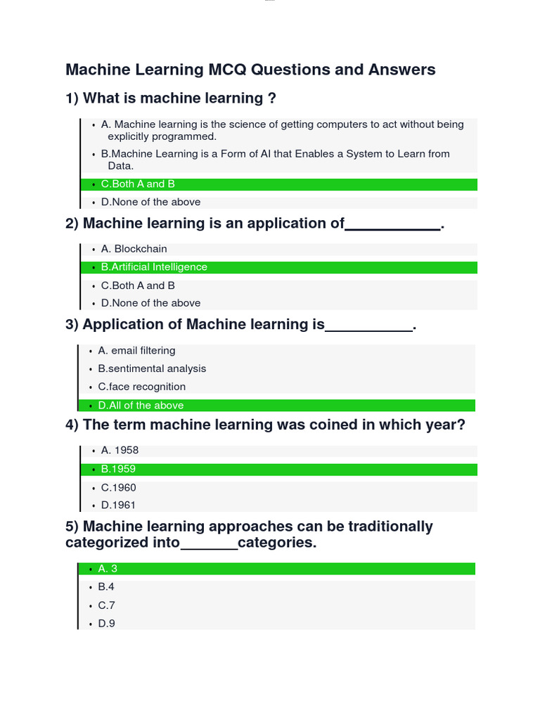 T1 Machine Learning MCQ Questions and Answers - Key | PDF | Machine Learning | Artificial ...