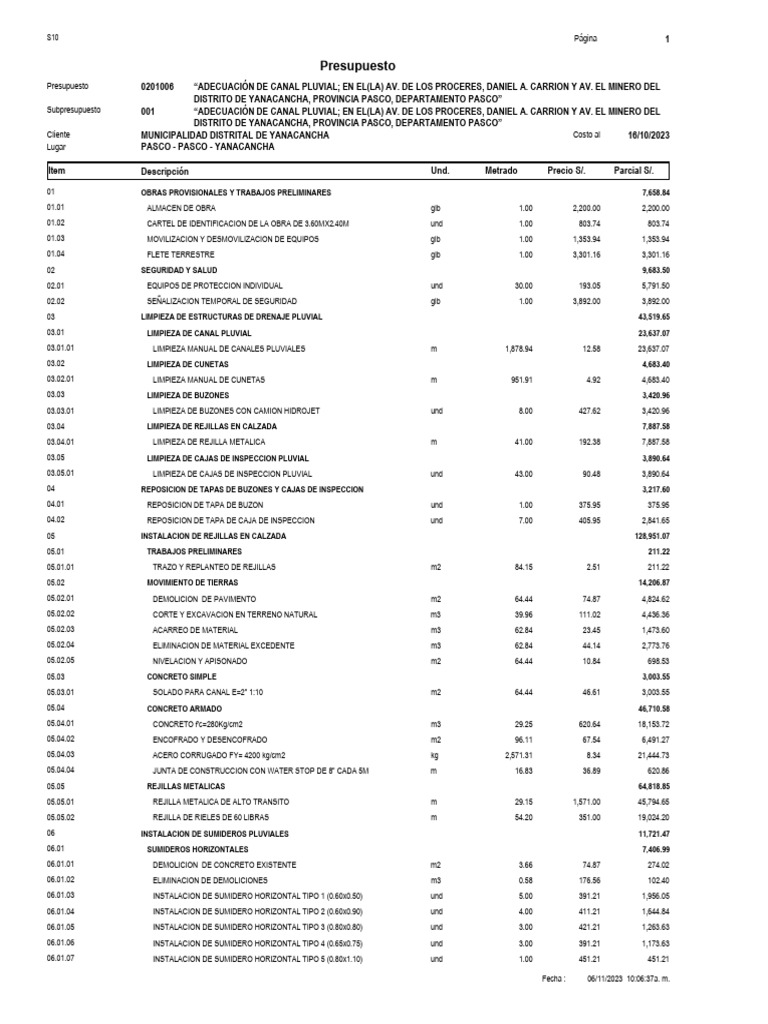 Presupuesto Drenaje Pluvial Corregido F | PDF | Ingeniería de Edificación | Ingeniero civil