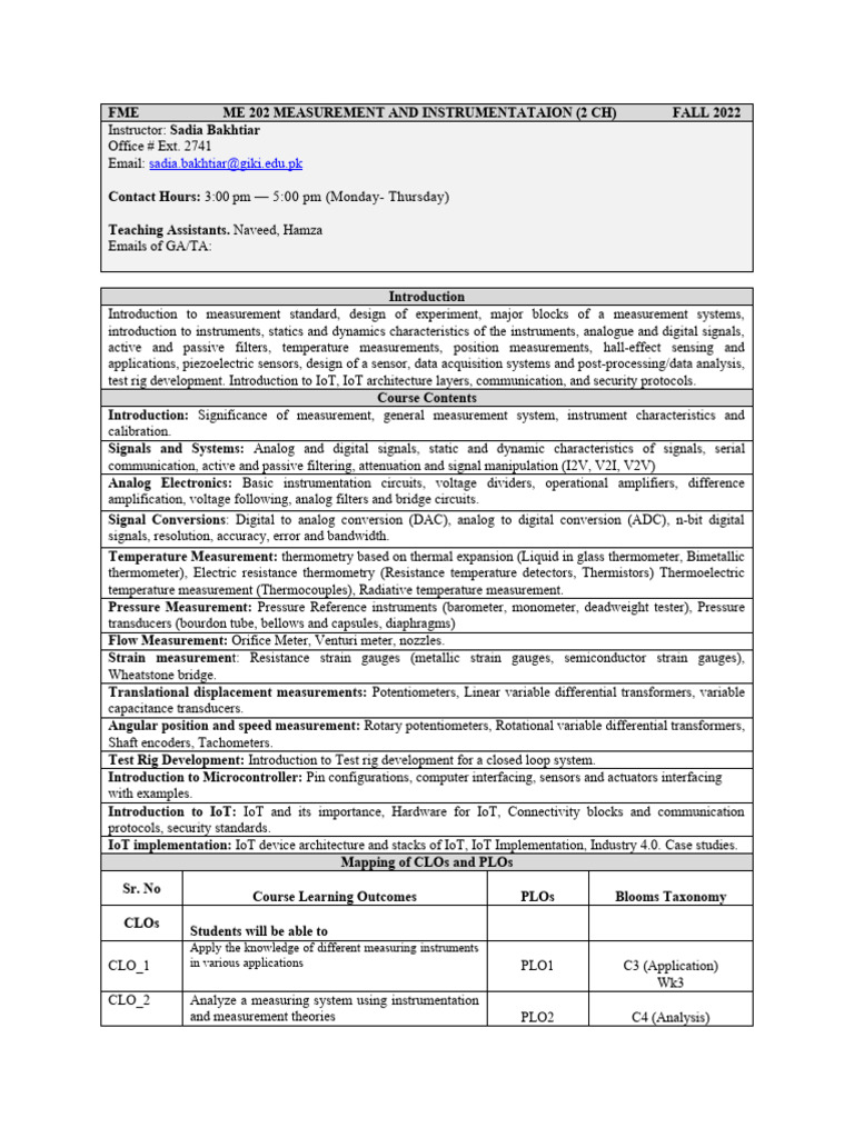 Course Outline of ME202 Measurements - GIKI | PDF | Analogue ...