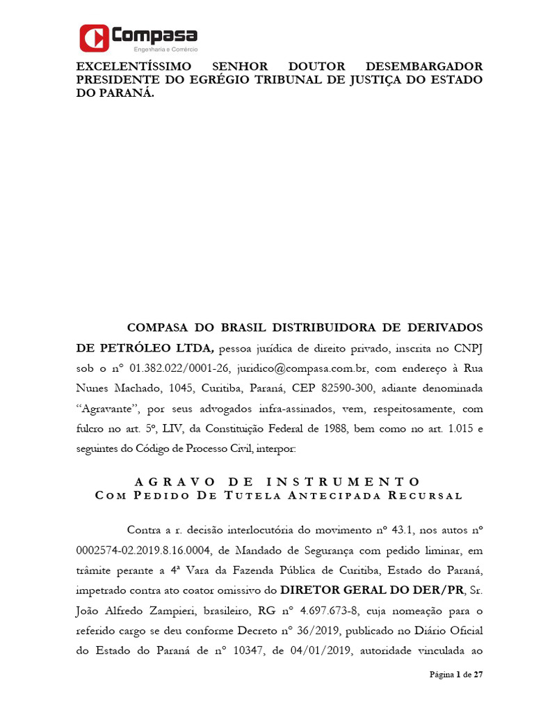 MODELO Agravo de Instrumento - COMPASA DO BRASIL X DG Der-Pr - Contrato 081.2018 | PDF ...