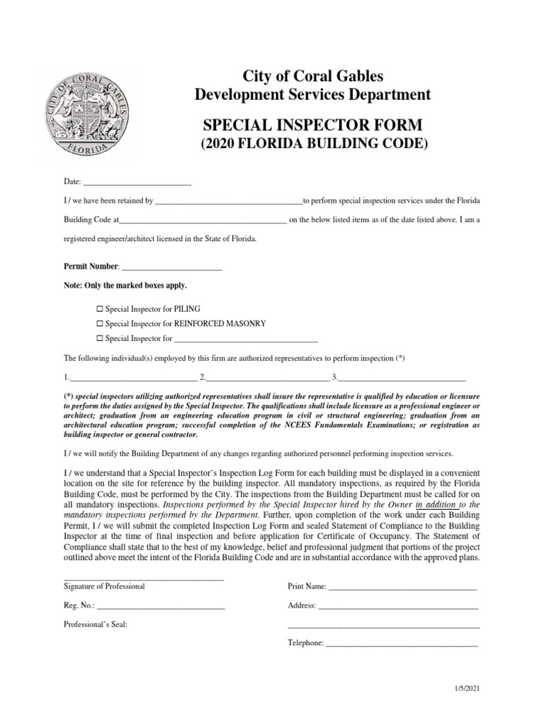 Florida Special Inspector Form Template | PDF