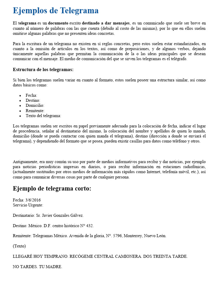 Ejemplos y Estructura de Telegramas | PDF | Telegrafía | Telecomunicaciones
