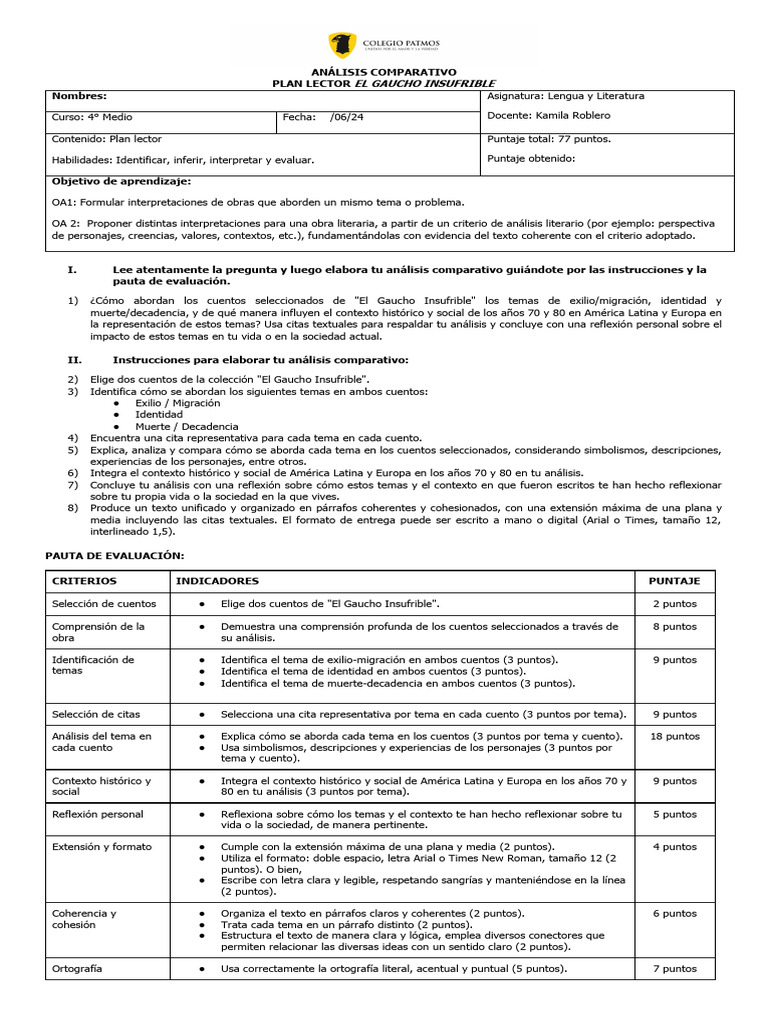 PLAN LECTOR 4° MEDIO - El Gaucho Insufrible | PDF