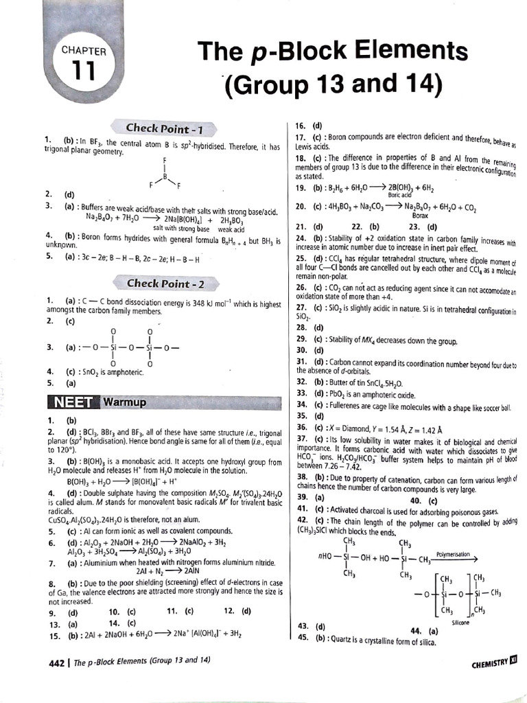 Answer Key P Block 13-14 NEET | PDF | Chemical Bond | Boron