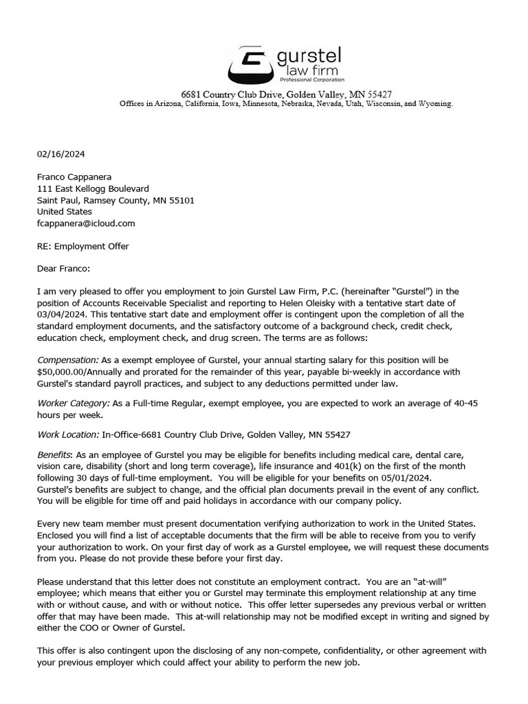 1 - 1. Offer Letter and Wage Notice - Cappanera | PDF | Accrual ...