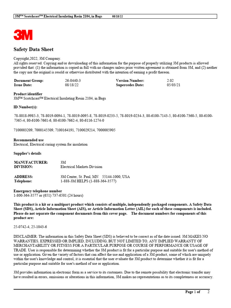 3M™ Scotchcast™ Electrical Insulating Resin 2104, in Bags | PDF ...