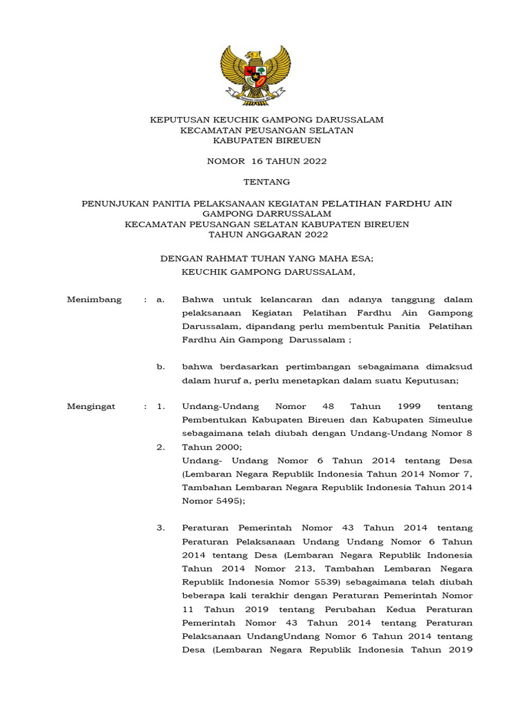 SK Panitia Pelaksana Kegiatan Pelatihan Fardhu Ain | PDF