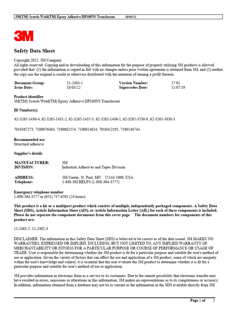 Scotch-Weld (TM) Epoxy Adhesive DP100NS Translucent | PDF | Personal ...