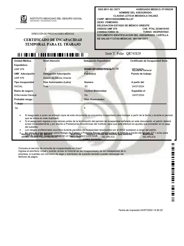 Certificado de Incapacidad IMSS 2024 | PDF