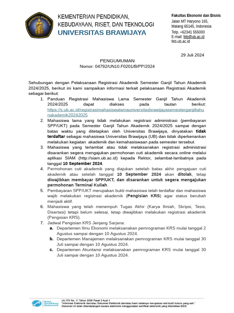Panduan Registrasi Mahasiswa UB | PDF