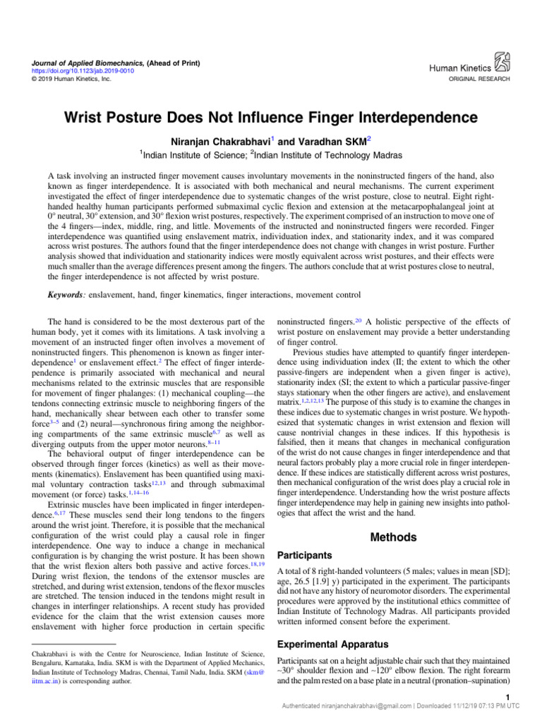 Wrist Posture Does Not Influence Finger Interdependence | PDF ...