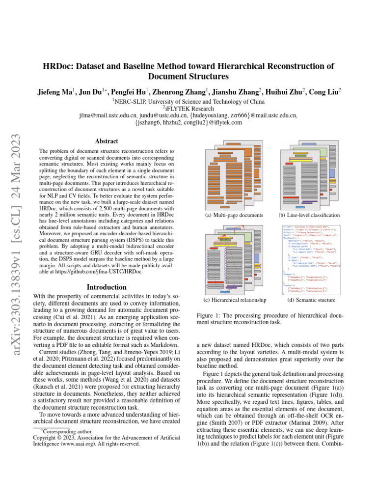 HRDoc: Dataset and Baseline Method Toward Hierarchical Reconstruction of Document Structures | PDF