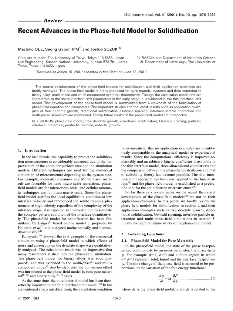Recent Advances In The Phase Field Model For Solidification Pdf